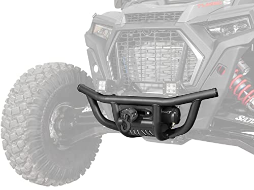 SuperATV Winch-Ready Front Bumper for Polaris RZR XP Turbo S (See Fitment) - Made of Heavy Duty Steel Tubing - 4500 Lb. SuperATV Winch with Synthetic Rope Included - Black, UV Resistant Powder Coating