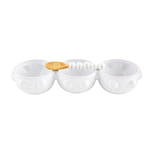 Mud Pie Triple Beaded Dip Set, White, dish 4 1/4" x 12 3/4" | spoon 5 1/2"