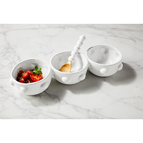 Mud Pie Triple Beaded Dip Set, White, dish 4 1/4" x 12 3/4" | spoon 5 1/2"