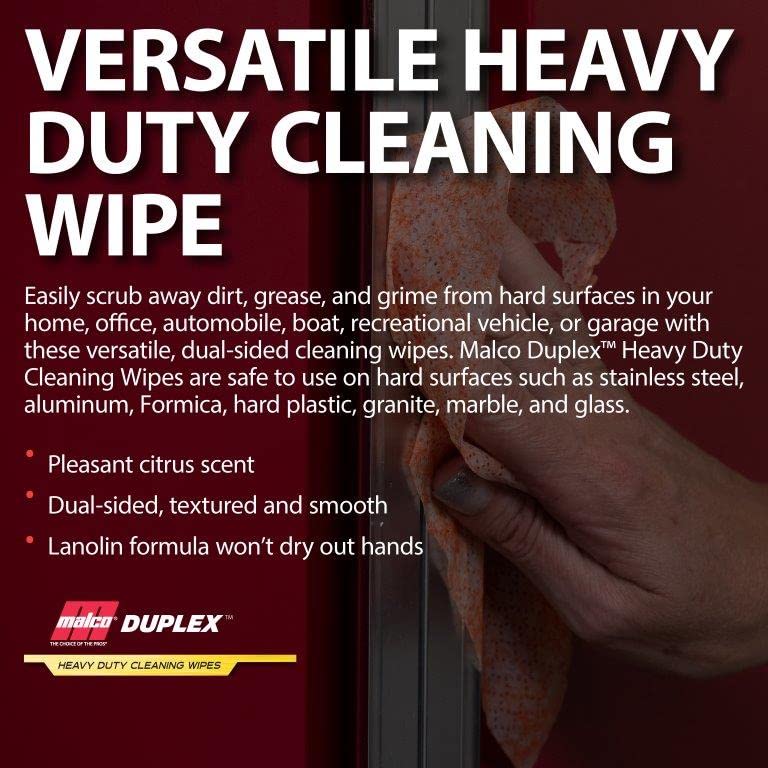 Malco Duplex Heavy Duty Cleaning Wipes for Home and Auto - Dual Sided Textured, Wet Wipes/Removes Grease, Tar, Paint, Oil, Dirt/No Residue/Safe for Hands/Made in USA (130 Wipes)