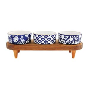 mud pie indigo dip bowl wood foot board, blue, bowl 2" x 4" dia | stand 5" x 16"