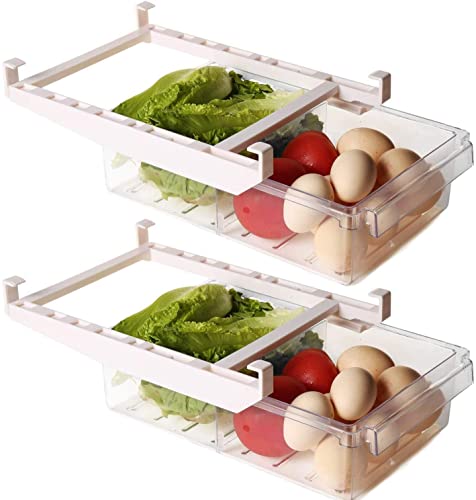 Loobuu 2 Pack Refrigerator Organizer Bins with Handle, Pull Out Fridge Drawer, Fridge Shelf Holder Storage Box, Refrigerator Storage Container with 2 Divided Sections, Fit for 0.6'' Fridge Shelf