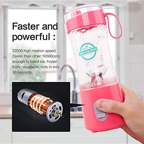 ZHIHER Portable Mini Smoothies Shakes Blender: Personal Size Single Serve Travel Fruit Juicer Mixer Cup with Wireless Rechargeable USB Small Electric Individual Blender for Juice Milk - Pink