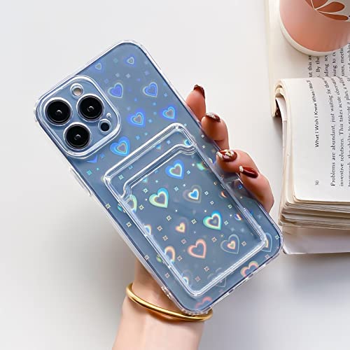 COOWEEK Heart Phone Case Compatible with iPhone 11, Clear Holographic Love Heart Pattern Cute Case with Card Holder Soft Cover,6.1 Inch