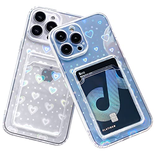 COOWEEK Heart Phone Case Compatible with iPhone 11, Clear Holographic Love Heart Pattern Cute Case with Card Holder Soft Cover,6.1 Inch