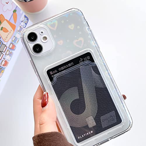 COOWEEK Heart Phone Case Compatible with iPhone 11, Clear Holographic Love Heart Pattern Cute Case with Card Holder Soft Cover,6.1 Inch