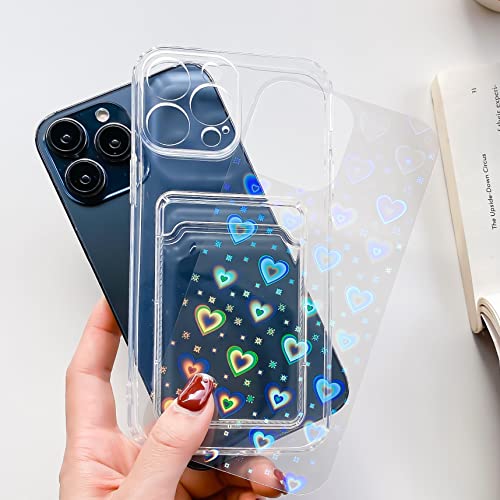 COOWEEK Heart Phone Case Compatible with iPhone 11, Clear Holographic Love Heart Pattern Cute Case with Card Holder Soft Cover,6.1 Inch