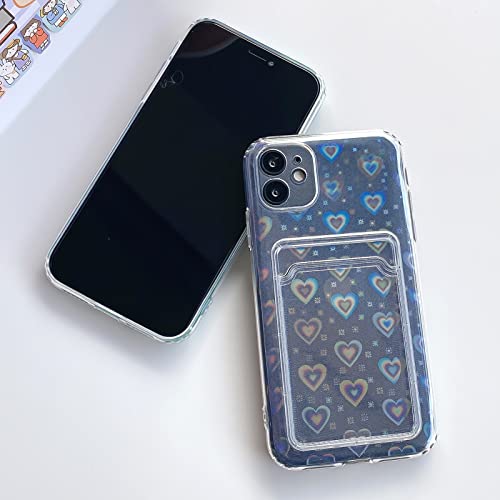 COOWEEK Heart Phone Case Compatible with iPhone 11, Clear Holographic Love Heart Pattern Cute Case with Card Holder Soft Cover,6.1 Inch