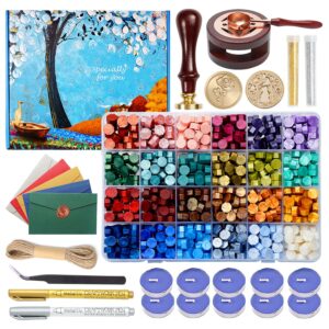 comealltime wax seal kit with gift box, 624 pcs wax seal beads with 2 pcs wax seal stamps, sealing wax warmer, wax seal metallic pen, envelope, candles, wax seal stamp kit for gift and craft