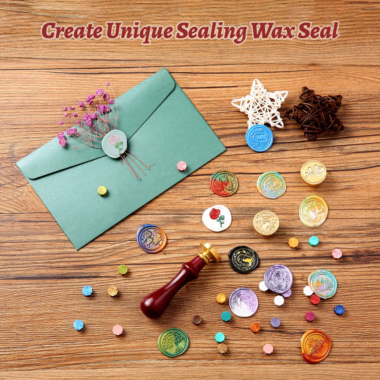 Comealltime Wax Seal Kit with Gift Box, 624 Pcs Wax Seal Beads with 2 Pcs Wax Seal Stamps, Sealing Wax Warmer, Wax Seal Metallic Pen, Envelope, Candles, Wax Seal Stamp Kit for Gift and Craft