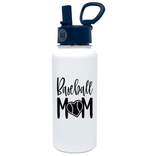 Brooke & Jess Designs Baseball Mom Tumbler Gifts - Large Insulated Water Bottle with Straw - Stainless Steel Metal 32 oz Travel Cup for Mom, Mama, Mother, Wife, Women | Keeps Hot and Cold for Hours