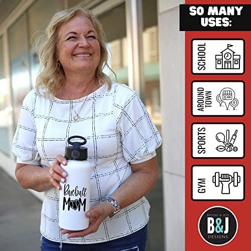 Brooke & Jess Designs Baseball Mom Tumbler Gifts - Large Insulated Water Bottle with Straw - Stainless Steel Metal 32 oz Travel Cup for Mom, Mama, Mother, Wife, Women | Keeps Hot and Cold for Hours