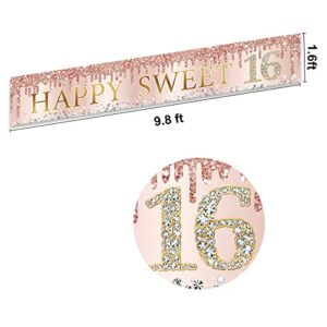 Sweet 16th Birthday Banner Decorations for Girls, Pink Rose Gold Happy Sweet 16 Birthday Sign Party Supplies, Large Sweet Sixteen Year Old Birthday Decor for Outdoor Indoor (9.8x1.6ft)