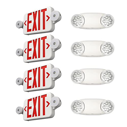 FREELICHT 4 Pack Exit Sign with Emergency Lights, Two LED Adjustable Head Emergency Exit Light with Battery Bundle 4 Pack Emergency Light, Emergency Lights for Business