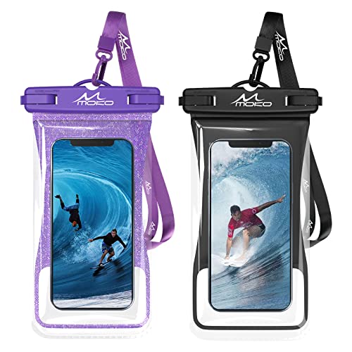 MoKo Waterproof Phone Pouch Holder 2Pack, Floating Case Dry Bag with Lanyard Compatible with iPhone 14 13 12 11 Pro Max X/Xr/Xs/SE3, Galaxy S21 Ultra/S9/Note 10+/20 Ultra, Black + Glitter Purple