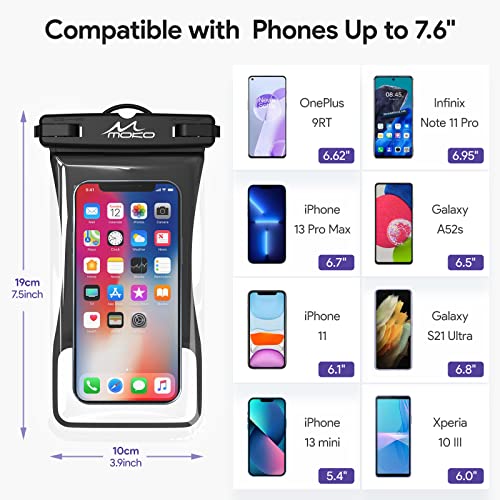 MoKo Waterproof Phone Pouch Holder 2Pack, Floating Case Dry Bag with Lanyard Compatible with iPhone 14 13 12 11 Pro Max X/Xr/Xs/SE3, Galaxy S21 Ultra/S9/Note 10+/20 Ultra, Black + Glitter Purple