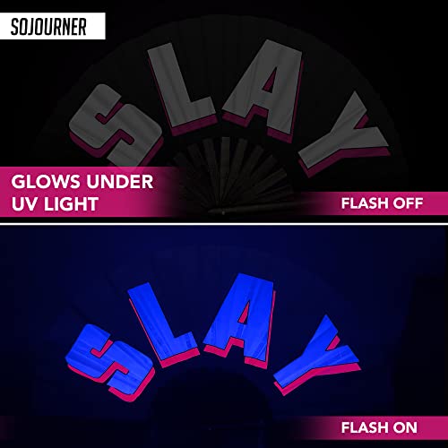 SoJourner Bags Slay Clack Fan - Rave Fan - Large Folding Fan for Raves, Halloween, Burlesque, Rainbow Outfits for Women & Festival Accessories - Clack Fan Hand Fan