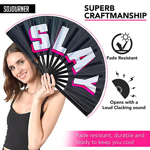 SoJourner Bags Slay Clack Fan - Rave Fan - Large Folding Fan for Raves, Halloween, Burlesque, Rainbow Outfits for Women & Festival Accessories - Clack Fan Hand Fan