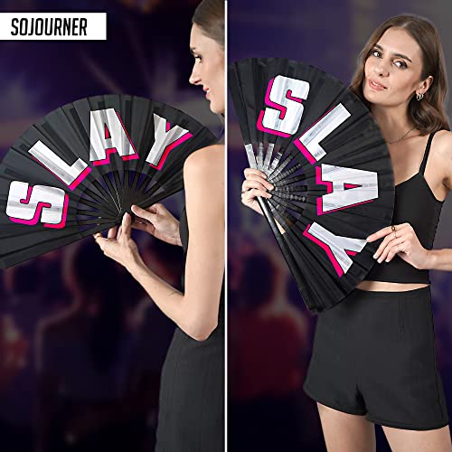 SoJourner Bags Slay Clack Fan - Rave Fan - Large Folding Fan for Raves, Halloween, Burlesque, Rainbow Outfits for Women & Festival Accessories - Clack Fan Hand Fan