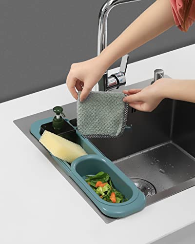 SHANGYI Kitchen Sink Organizer Storage Rack with Expandable Telescopic Holder and Sponge Caddy (grey-green)