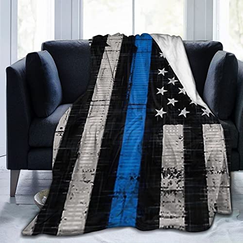 Fleece Throw Blanket with Police Blue Line Flag-Lightweight Plush Fuzzy Cozy Soft Blankets and Throws for Sofa, 60"X50" Inches