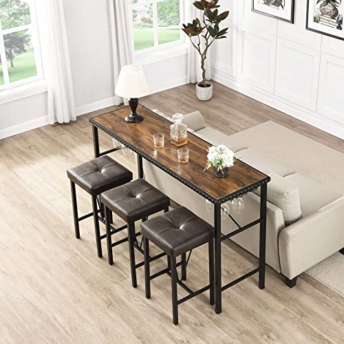 O&K FURNITURE Long Bar Table and Chairs Set, Counter Height Dining Table Set, Console Sofa Table with Stools, Pub Table and Chairs, Brown