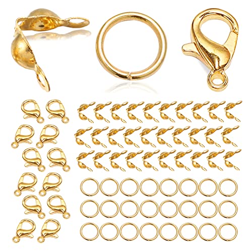 450pcs Jewelry Making Accessories Set Includes 200pcs Open Jump Ring Connectors 200pcs Bead Tips Knot Covers and 50pcs Lobster Claw Clasps for Bracelet Necklace DIY Jewelry Making Supplies (Gold)