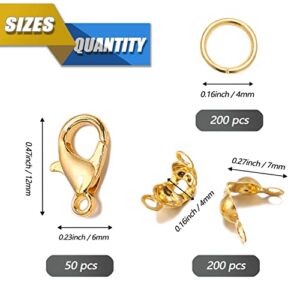 450pcs Jewelry Making Accessories Set Includes 200pcs Open Jump Ring Connectors 200pcs Bead Tips Knot Covers and 50pcs Lobster Claw Clasps for Bracelet Necklace DIY Jewelry Making Supplies (Gold)