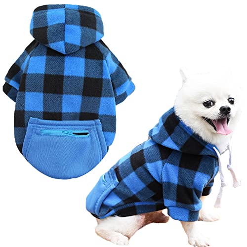 HRTTSY Small Dog Hoodie Soft Warm Fleece Fall Winter Dog Clothes Girl Boy Classic Plaid Puppy Cat Sweaters with Pocket Cute Doggy Hooded Sweatshirts for Small Dogs Chihuahua Outfits(Blue,S)