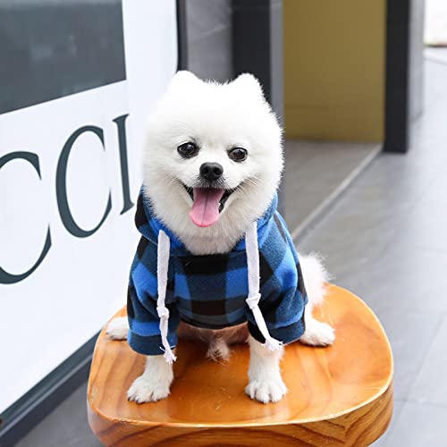 HRTTSY Small Dog Hoodie Soft Warm Fleece Fall Winter Dog Clothes Girl Boy Classic Plaid Puppy Cat Sweaters with Pocket Cute Doggy Hooded Sweatshirts for Small Dogs Chihuahua Outfits(Blue,S)