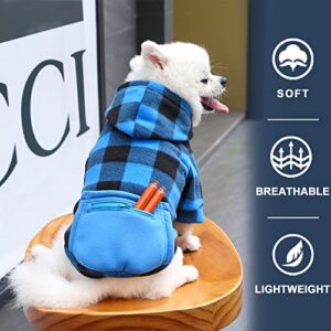 HRTTSY Small Dog Hoodie Soft Warm Fleece Fall Winter Dog Clothes Girl Boy Classic Plaid Puppy Cat Sweaters with Pocket Cute Doggy Hooded Sweatshirts for Small Dogs Chihuahua Outfits(Blue,S)