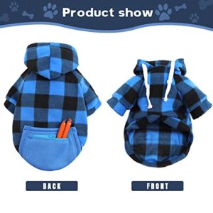 HRTTSY Small Dog Hoodie Soft Warm Fleece Fall Winter Dog Clothes Girl Boy Classic Plaid Puppy Cat Sweaters with Pocket Cute Doggy Hooded Sweatshirts for Small Dogs Chihuahua Outfits(Blue,S)