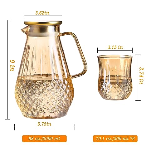 WONCRYS Borosilicate Glass Pitcher Set With Lid and 2 Cups, 68 oz Diamond Pattern, Stainless Steel Lid, Glass Kettle for Tea, Milk, Hot and Iced Beverages, Amber Color(2000 Milliliters)