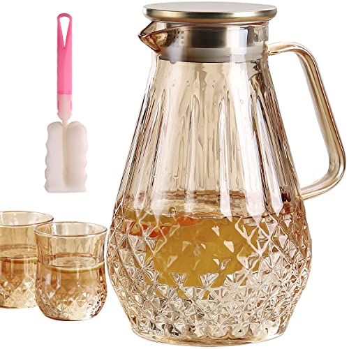 WONCRYS Borosilicate Glass Pitcher Set With Lid and 2 Cups, 68 oz Diamond Pattern, Stainless Steel Lid, Glass Kettle for Tea, Milk, Hot and Iced Beverages, Amber Color(2000 Milliliters)