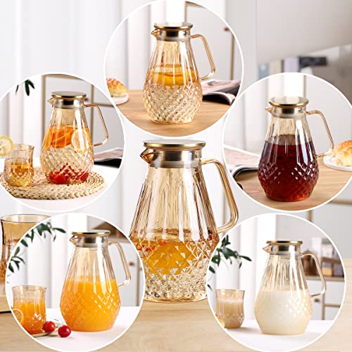 WONCRYS Borosilicate Glass Pitcher Set With Lid and 2 Cups, 68 oz Diamond Pattern, Stainless Steel Lid, Glass Kettle for Tea, Milk, Hot and Iced Beverages, Amber Color(2000 Milliliters)