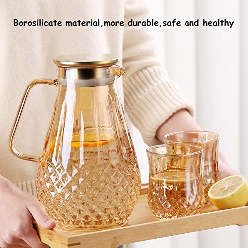 WONCRYS Borosilicate Glass Pitcher Set With Lid and 2 Cups, 68 oz Diamond Pattern, Stainless Steel Lid, Glass Kettle for Tea, Milk, Hot and Iced Beverages, Amber Color(2000 Milliliters)