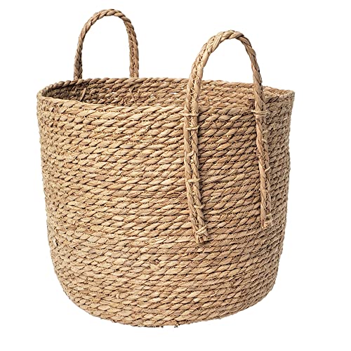 Simple Elements Woven Rattan Storage Basket – Decorative Storage basket for Blankets, Toys, Clothes, Shoes, Towels with Woven Handles – Living Room Home Décor – 12”H x 14” Dia. - Brown