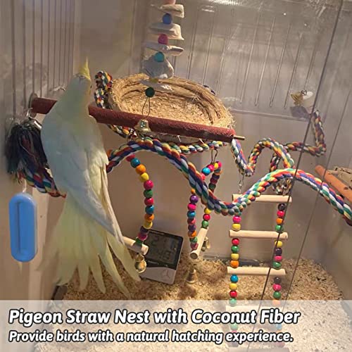 Fhiny Handmade Woven Bird Spawning Nest with Coconut Fiber Liner Flat Base Straw Bird Nest Bed Hatch Roosting for Dove Pigeon Parrot Turtle Quail Macaw Cuckoo Sparrow