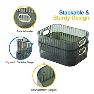 Plastic Storage Bins, Food Storage Bins with Handles, Stackable PET Organizer Baskets for Refrigerator, Cabinet, Kitchen, Countertops, Cupboard Organization - 2 Pcs (Clear Green)