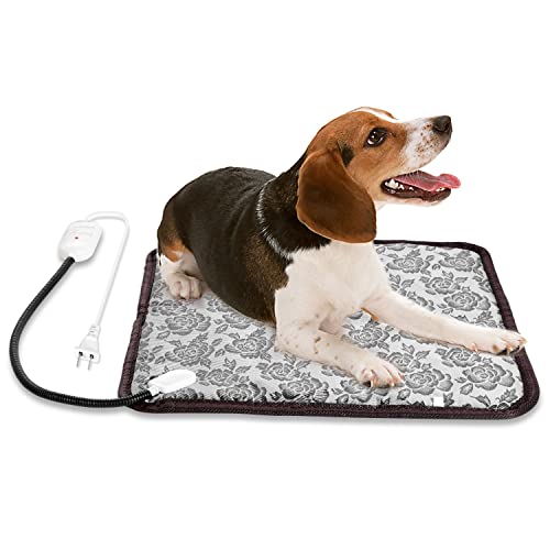 Pet Heating Pad, Cat Electric Heating Mat Waterproof, Pets Heated Bed Adjustable Dog Bed Warmer Electric Heating Mat with Chew Resistant Steel Cord (17.7x17.7, Flower)