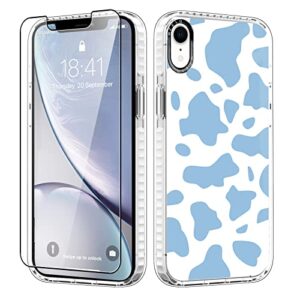 mzelq designed for iphone xr case, cute blue cow print clear tpu phone cow cow patterns case + screen protector compatible with iphone xr 6.1 inch four corners protection case for iphone xr