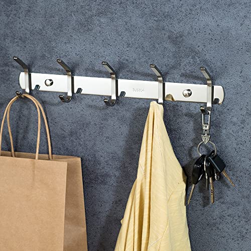 YISMAN Coat Rack Wall Mounted Stainless Steel Clothes Hanger with 6 Double Dual Hooks, Use for Towel Hat Purse Clothes Jacket Backpack (Set of 2)