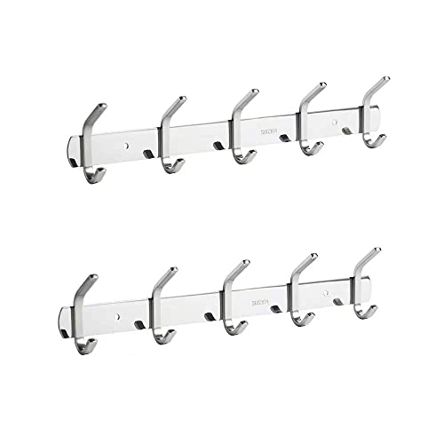 YISMAN Coat Rack Wall Mounted Stainless Steel Clothes Hanger with 6 Double Dual Hooks, Use for Towel Hat Purse Clothes Jacket Backpack (Set of 2)