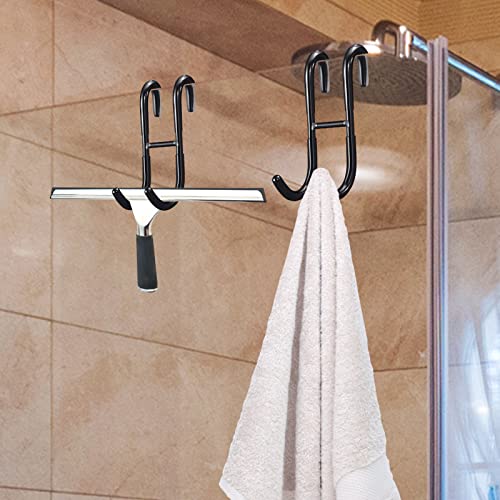 Shower Door Hooks 2Pack,304 Stainless Steel Matte Black Appearance Punch Free Bathroom Frameless Glass Door Thower Hooks,for Robe,Bathing Suits,Towel and Squeegee Hooks Up.(Black)