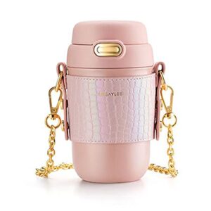 genodiia 13oz kawaii double wall stainless steel vacuum cup water bottle with pu leather sleeve insulator & metal chain shoulder carrying strap for travel & to-go gifts for ladies & girls. (pink)