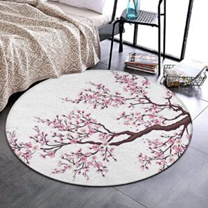 round area rugs 3ft diameter throw rugs non-slip floor carpet for bedroom living room nursery decor (branch of a flourishing tree flowers cherry blossoms spring theme art white)