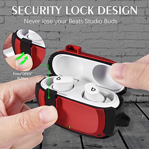 Case for New Beats Studio Buds 2021, Filoto Secure Lock Rugged Beats Studio Buds Hard Shell Protective Wireless Charging Case Cover Earbuds Accessories with Keychain for Men Women (Red)