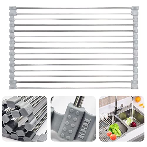 TOQI Roll Up Dish Drying Rack Over The Sink, 17.7" x 11.8" Multipurpose Rolling Dish Drainer, Foldable Roll-Up Sink Drying Rack Mat Stainless Steel Dish Rack for Kitchen Sink Counter