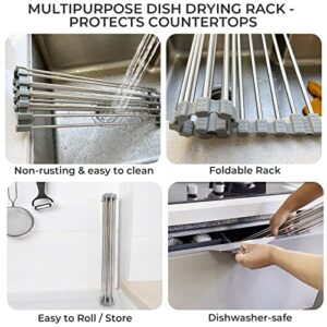 TOQI Roll Up Dish Drying Rack Over The Sink, 17.7" x 11.8" Multipurpose Rolling Dish Drainer, Foldable Roll-Up Sink Drying Rack Mat Stainless Steel Dish Rack for Kitchen Sink Counter