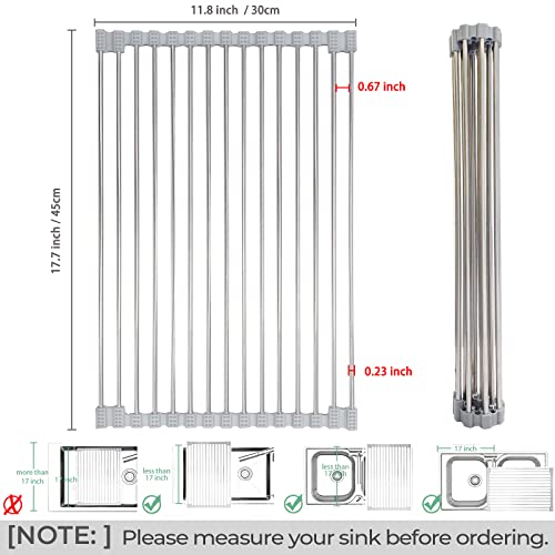 TOQI Roll Up Dish Drying Rack Over The Sink, 17.7" x 11.8" Multipurpose Rolling Dish Drainer, Foldable Roll-Up Sink Drying Rack Mat Stainless Steel Dish Rack for Kitchen Sink Counter